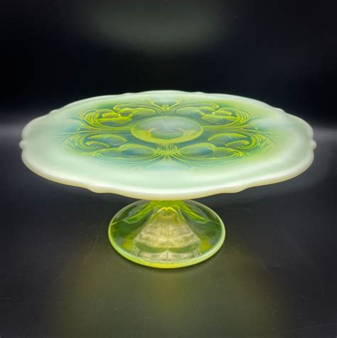Mosser Glass Vaseline Opal Inverted Thistle Vivid Yellow Pedestal