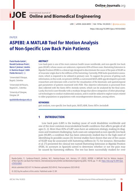 Pdf Aspebi A Matlab Tool For Motion Analysis Of Non Specific Low Back Pain Patients