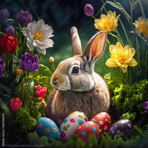 Osterhase mit bunten Ostereiern im Garten Frühlingsblumen AI
