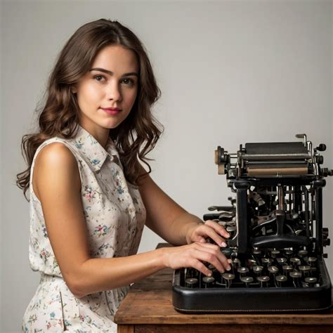 A Woman Is Typing On An Old Typewriter Premium Ai Generated Image