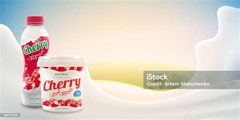 체리 요구르트 광고 브랜드 항아리와 병 우유 스플래시 상용 제품 모형와 밝은 배경에 벡터 현실적인 그림 0명에 대한 스톡 벡터 아트 및 기타 이미지 Istock