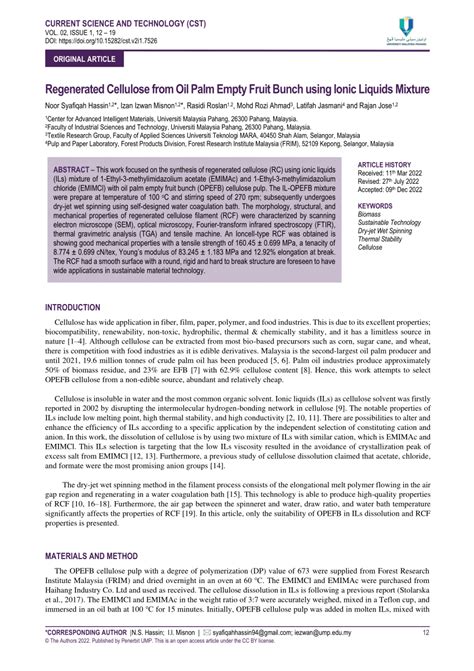 Pdf Regenerated Cellulose From Oil Palm Empty Fruit Bunch Using Ionic Liquids Mixture