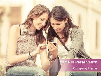 Sending Messages With Mobile Two Women In A Beautiful Scenario PowerPoint Template Backgrounds