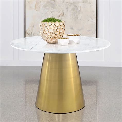 Everly Quinn Round Genuine Marble Dining Table With Metal Conical
