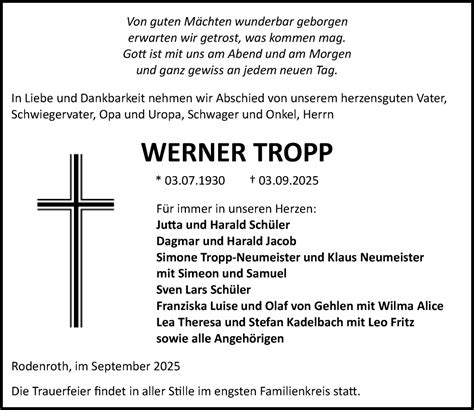Traueranzeigen Von Werner Tropp Vrm Trauerde