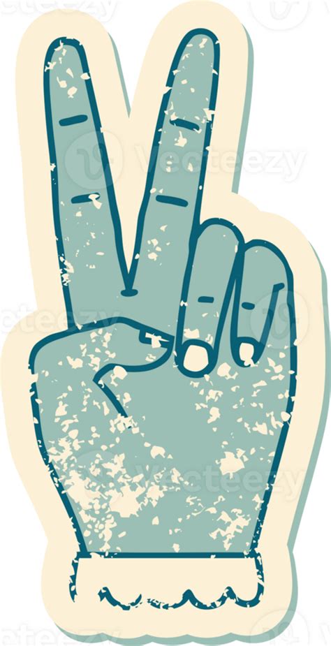 Pegatina Grunge De Un Símbolo De Paz Gesto De Mano Con Dos Dedos