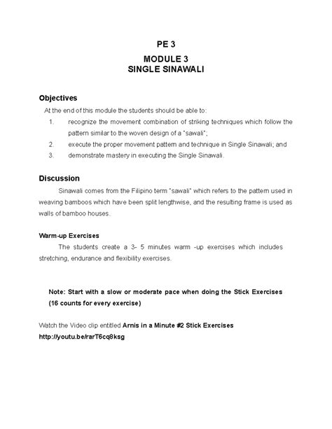 Pe3 Module 3 Single Sinawali Pe 3 Module 3 Single Sinawali Objectives At The End Of This