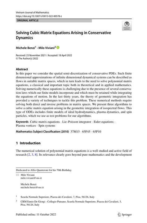 Pdf Solving Cubic Matrix Equations Arising In Conservative Dynamics
