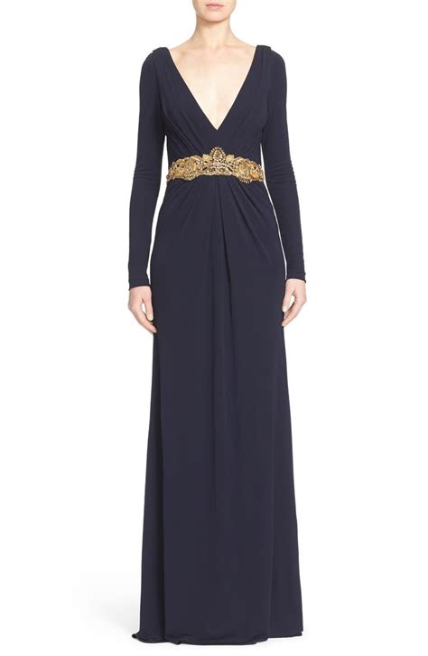 Badgley Mischka Couture Embellished Waist Plunging V Neck Jersey Gown
