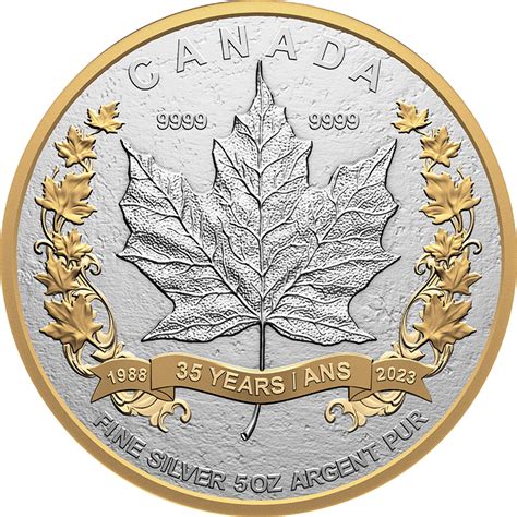 カナダ 2023年 メイプルリーフ銀貨発行35周年 5oz 50ドル銀貨金メッキ付 艶消しプルーフ オンラインショップ 泰星コイン株式会社