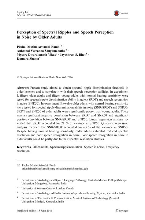 Pdf Perception Of Spectral Ripples And Speech Perception In Noise By Older Adults