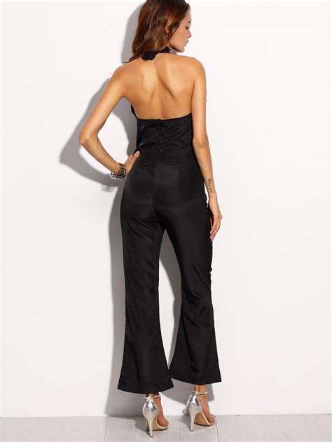 Black Plunge Halter Neck Flare Jumpsuit Shein Sheinside