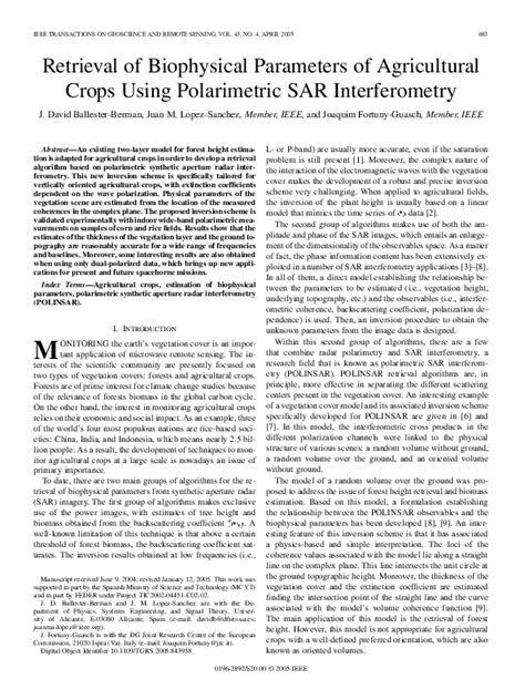 Pdf Retrieval Of Biophysical Parameters Of Agricultural Crops Using Polarimetric Sar