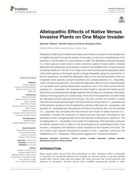Pdf Allelopathic Effects Of Native Versus Invasive Plants On One