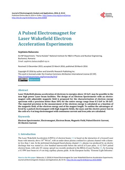 Pdf A Pulsed Electromagnet For Laser Wakefield Electron Acceleration Experiments
