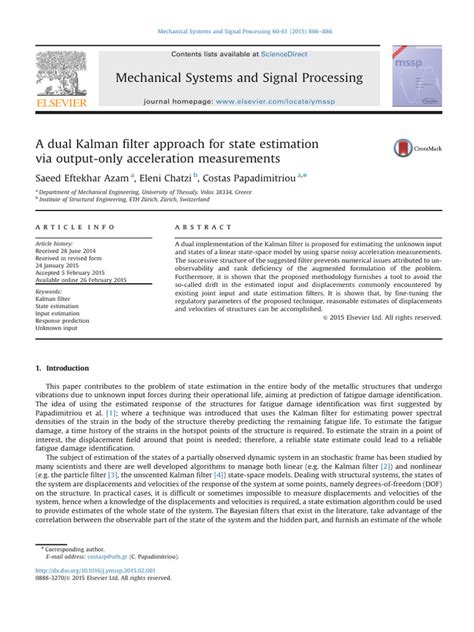 A Dual Kalman Filter Approach For State Estimation Pdf Kalman Filter Applied Mathematics