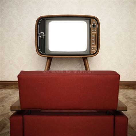 Retro Analogue Tv With Blank Screen And Retro Red Armchair 3d