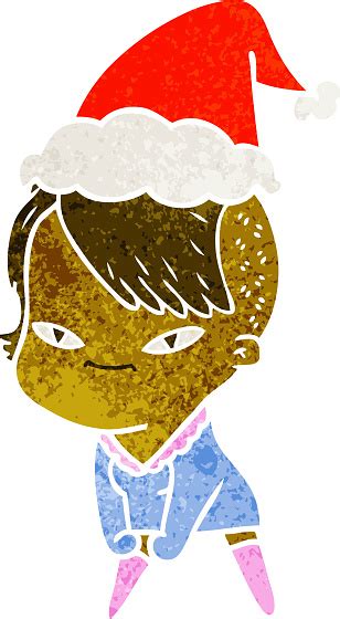 산타 모자를 쓰고 힙스터 이발을 한 소녀의 귀여운 손으로 그린 복고풍 만화 고풍스런에 대한 스톡 벡터 아트 및 기타 이미지