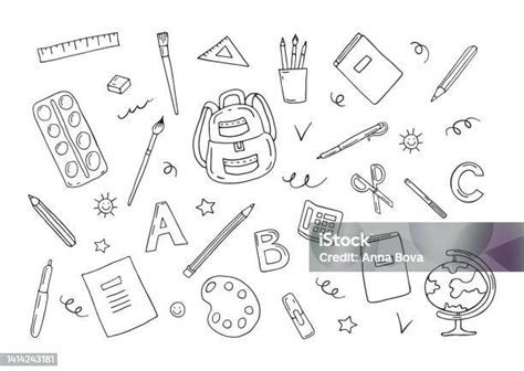 학용품 세트 학교로 돌아 가기 글로브 교과서 연필 노트북 페인트 배낭 펜 손으로 그린 낙서 벡터 일러스트레이션 교육에 대한 스톡 벡터 아트 및 기타 이미지 Istock