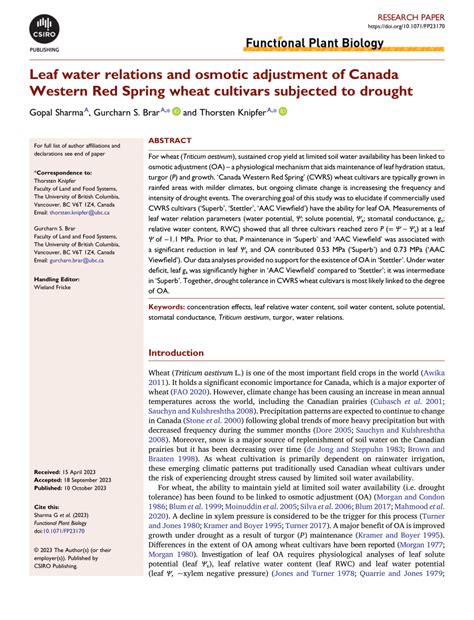 Pdf Leaf Water Relations And Osmotic Adjustment Of Canada Western Red