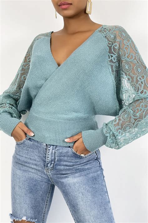 Pull Cache Coeur Bleu Avec Manches En Dentelle