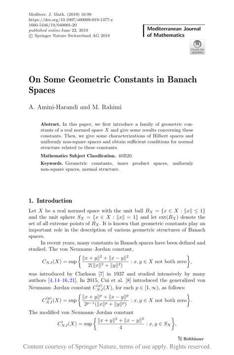 On Some Geometric Constants In Banach Spaces Request Pdf