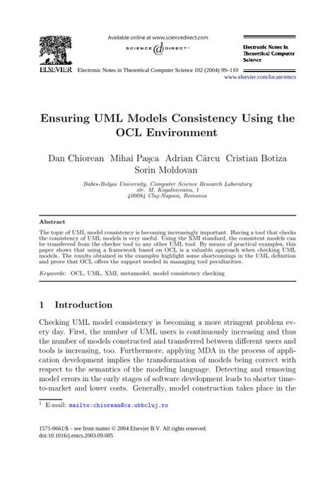 Pdf Ensuring Uml Models Consistency Using The Ocl Environment