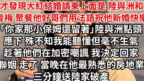 才發現大紅結婚請柬上面是陸與洲和青梅，聚餐他好哥們用法語祝他新婚快樂「你家那小保姆還留著」陸與洲點頭應下殊不知我能聽懂但毫不生氣，趁著他們在