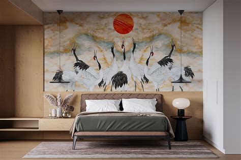 Фототапет Мрамор с жерави и оранжево слънце елегантно декоративно решение за всяка стая