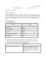 Experiment Mass Volume Density Boiling Point Course Hero