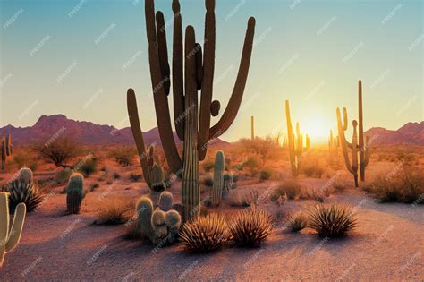 Un paisaje árido del desierto del Sahara caliente Cactus y arena con ...