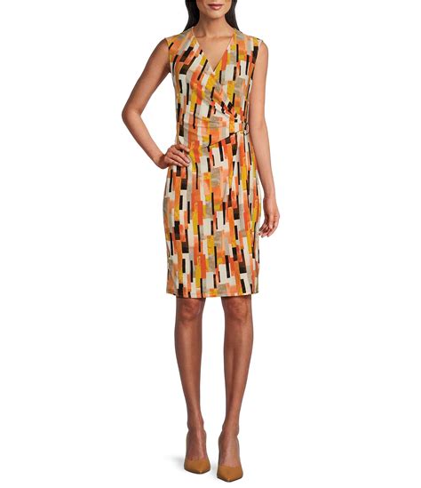 Kasper Printed Surplice V Neckline Sleeveless Geometric Print Faux Wrap