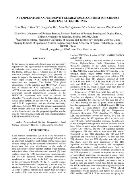 Pdf A Temperature And Emissivity Separation Algortihm For Chinese Gaofen 5 Satelltie Data