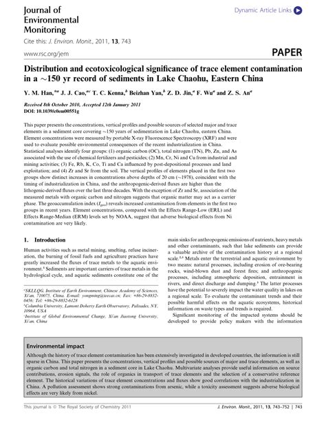 Pdf Distribution And Ecotoxicological Significance Of Trace Element