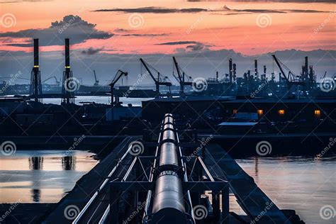 Industrial Landscape With Dominant Pipeline Cranes Factories And