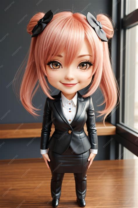 Premium Ai Image 3d Chibi A Doll Of A Woman In A Suit And Bow Tie On A Table With A Window