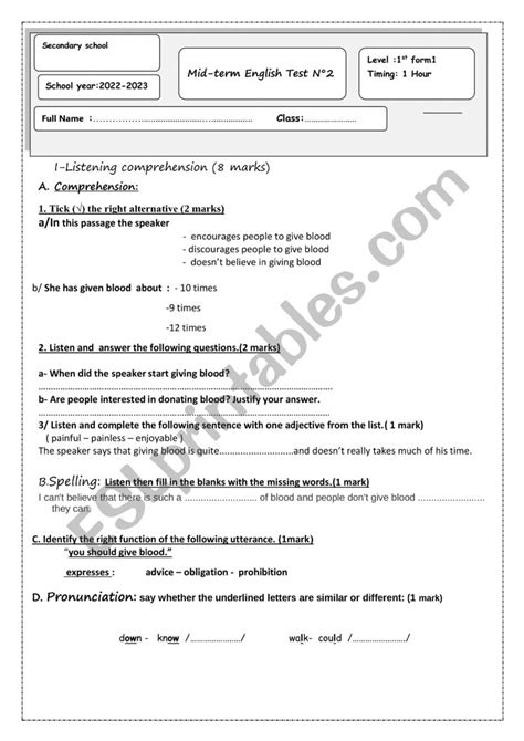 First Form Mid Term Test N2 ESL Worksheet By Madamboutheina