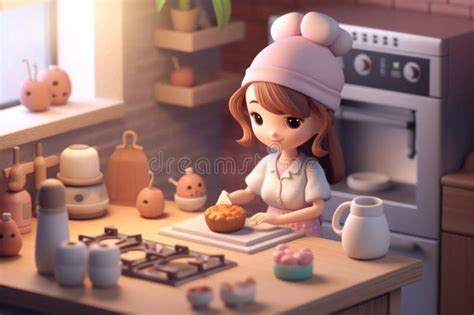 A Girl Cooking In Kitchen Room Tiny Cute Isometric 3d Render Generative