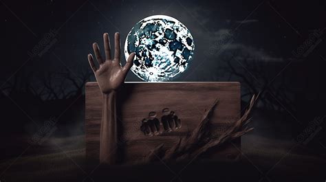 으스스한 3d 렌더링 달빛 아래 묘지 토양에서 나무 명판을 움켜쥐고 있는 좀비 손 손 배경 나무 아래 배경 죽은 배경 이미지 Hd 손 나무 아래 죽은 배경 사진