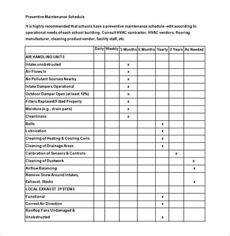 Preventive Maintenance Schedule Template Excel