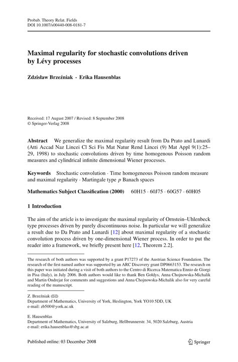 Pdf Maximal Regularity For Stochastic Convolutions Driven By Lvy