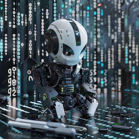 futuristic robot sitting with binary code background premium ai