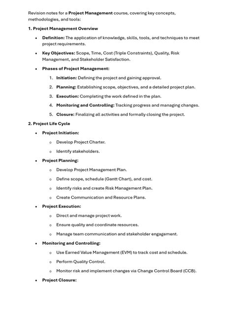 Revision Notes For A Project Management Course Pdf
