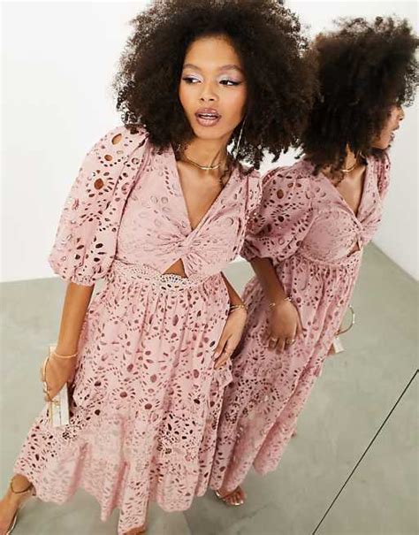 Asos Edition Eyelet Twist Front Midi Dress With Puff Sleeve In Pale