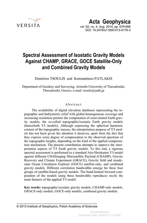 Pdf Spectral Assessment Of Isostatic Gravity Models Against Champ Grace Goce Satellite Only