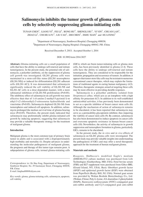 Pdf Salinomycin Inhibits The Tumor Growth Of Glioma Stem Cells By