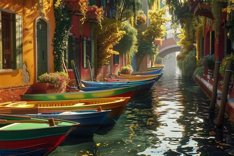 Premium Photo Tranquil Canal Lined With Colorful Boats