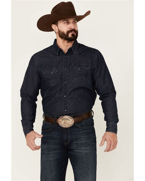 Blue Ranchwear Mens Heavyweight Dark Wash Denim Snap Western Shirt