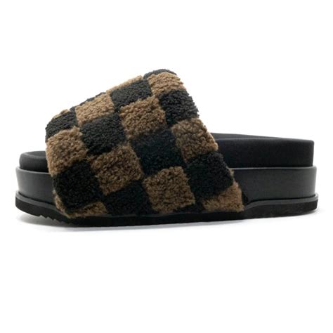 Roam Fuzzy Checker Stack Platform Black And Taupe Faux Shearling R0am