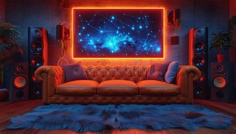 Vibrant Home Theater Room With Neon Lights And Sound System Stock